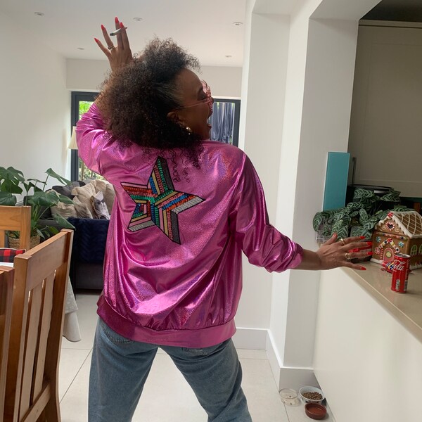 Gold Shiny Holographic Jacket With Sequin Covered Multi Coloured Star ...