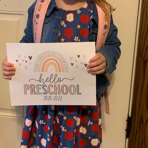 Boho Rainbow Hello Preschool Sign, First Day of Preschool, Printable ...