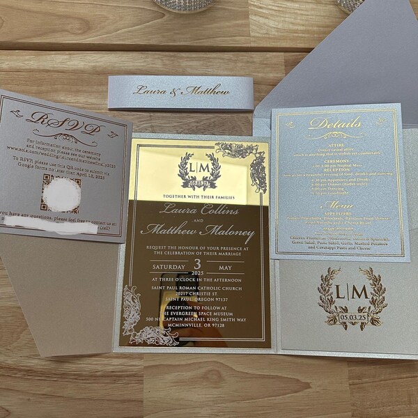 Gold Mirrored Wedding Invitation, Custom Cut Mirrored Wedding ...