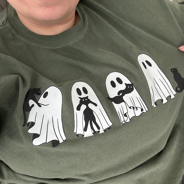 Halloween Black Cat & Ghost Comfort Colors Shirt, Halloween Ghost ...