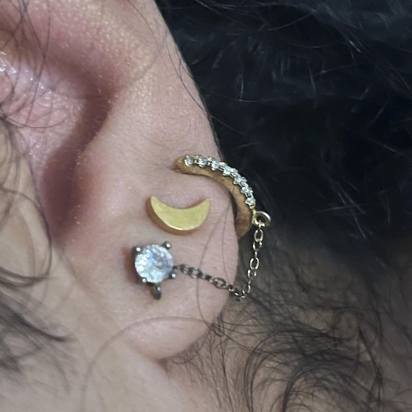 Double Piercing Hoop and Stud Earrings • Pave Chain Earring in 18K Gold ...