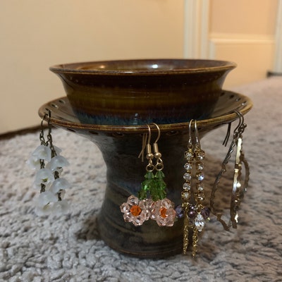 Ceramic Earring Holder With Dish in Waterfall Brown, Pottery Jewelry ...