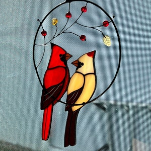 Red Cardinal Stained Glass Suncatcher for Window Couple of Red Cardinal ...