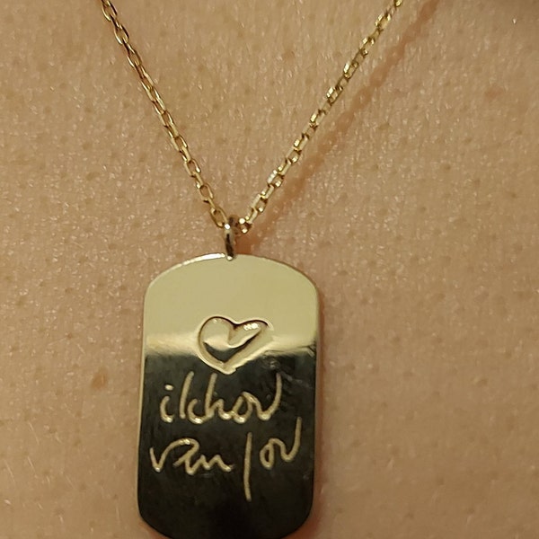 Gold Handwritten ID Charm, 9K 14K 18K Yellow Gold Necklace, Engraved ID ...