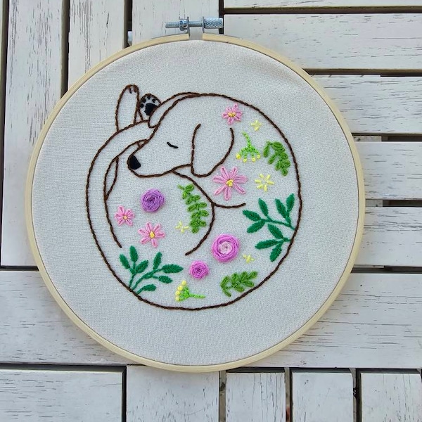 Floral Sleeping Dog Embroidery Pattern Template, Cute Dog Embroidery ...
