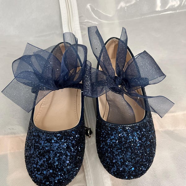 Navy Blue Rock Glitter Maryjane With CHIFFON BOW for Flower Girls ...