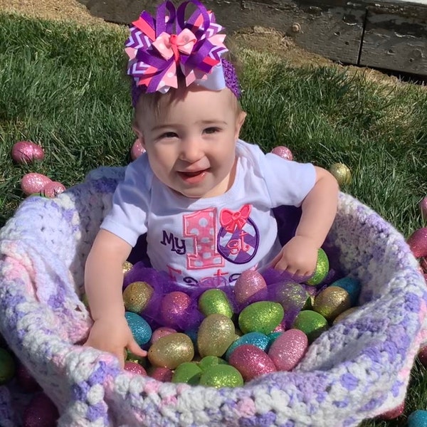 My 1st Easter - Girls Chevron Embroidered First Easter Shirt, Hair Bow ...