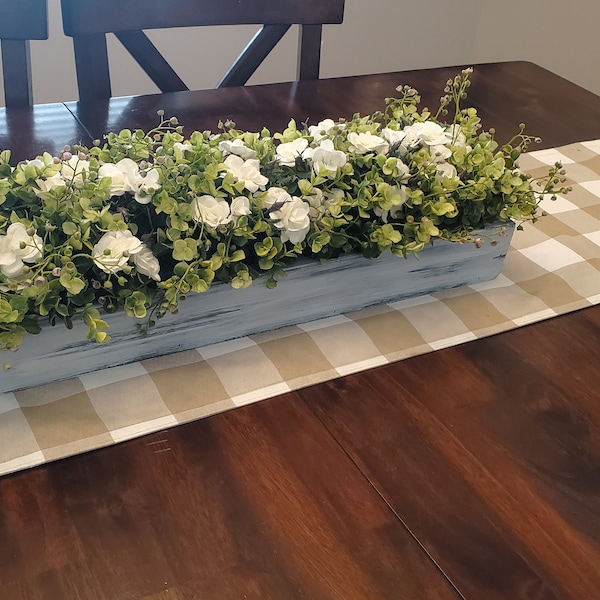 Farmhouse Planter Box Centerpiece With Greenery, Rustic Table ...