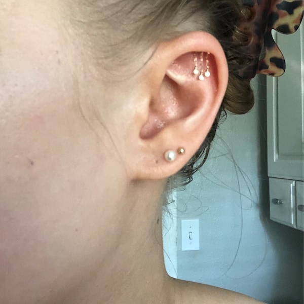 14k Solid Gold Bar Drape Chain Earring Cartilage Chain Piercing Helix ...