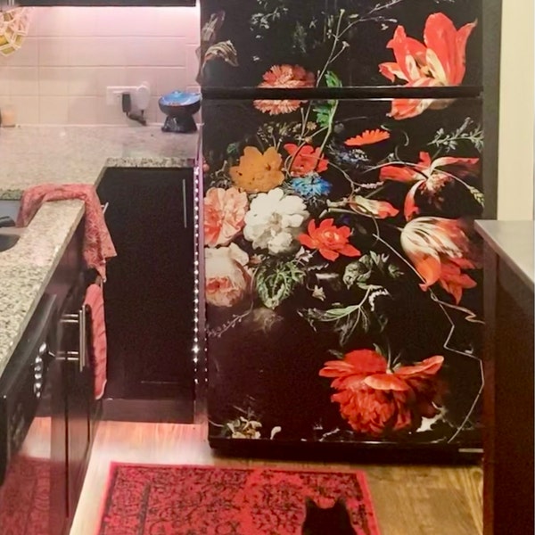 Refrigerator Wrap Vintage Floral, Retro Fridge Wrap Vinyl Side by Side ...