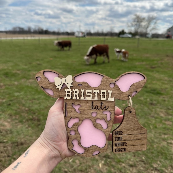 Baby Girl Cow Birth Stats Sign / Nursery Announcement / Cattle Tag ...