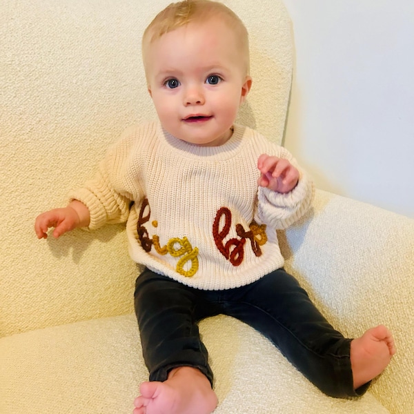Beige Personalised Baby Name Jumper Hand Embroidered Chunky Knit ...