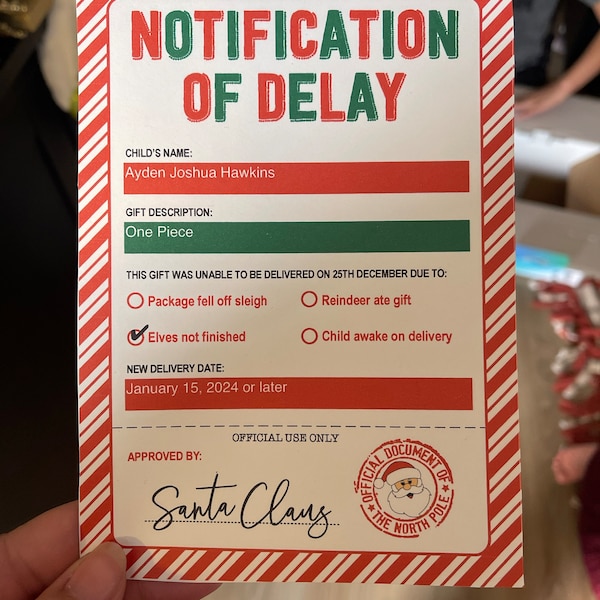 Late Gift Letter From Santa - Delayed Christmas Gift Notice - Missing ...