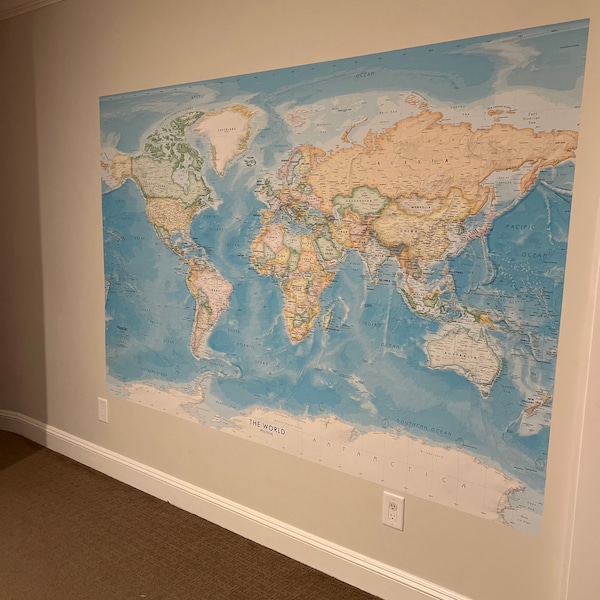 Giant World Map Wall Mural: Removable Peel & Stick Fabric - Blue Ocean ...