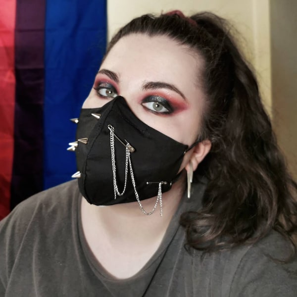 Black Punk Mask With Spikes and Chain, Goth Mask With Filter Pocket ...