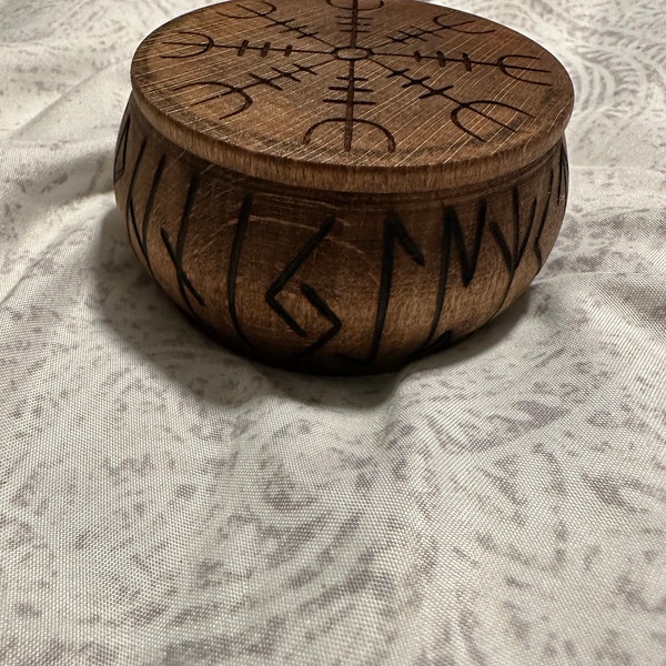 Hand Turned Alder Wood Box of 24 Dark Wood Runes Round Small Rune Set ...