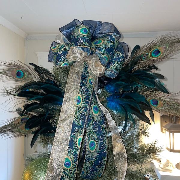 Peacock Tree Topper, Six 48 Inch Streamers, Extra Large Peacock Bow ...