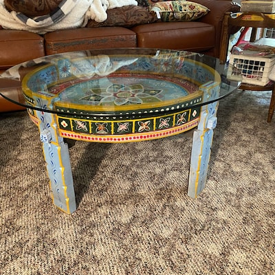 Indian Carved Chakki Table With Cushion/ Pouf Recycled - Etsy