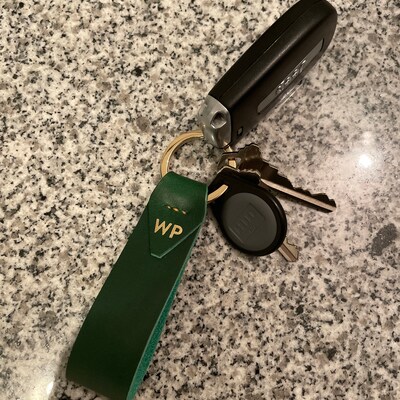 Green Italian Leather Key Chain With Gold Key Ring, Personalized ...