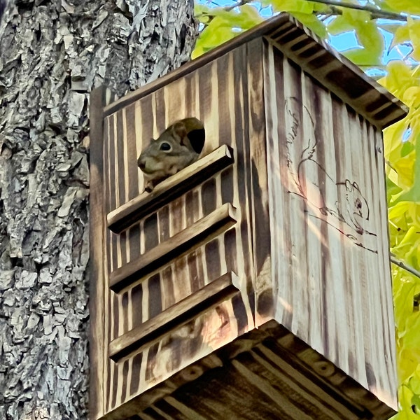 Handmade Torched Wood Squirrel House With Etching - Etsy