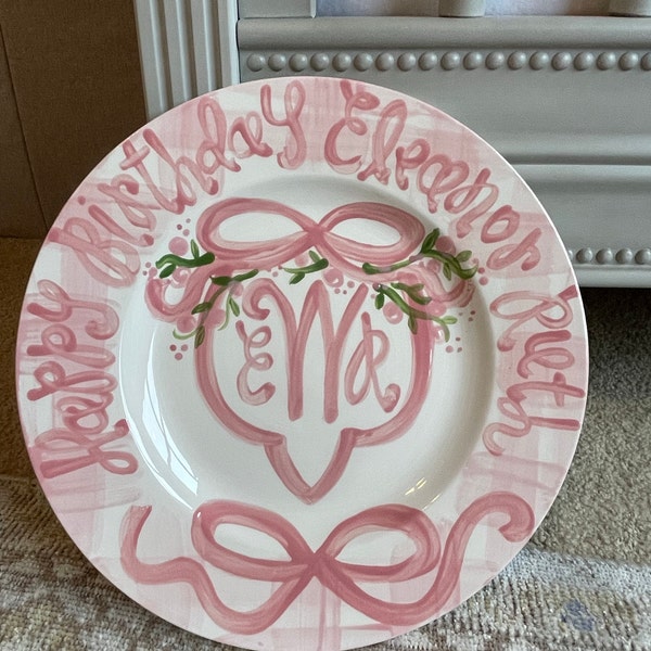 Girls Monogram Preppy Birthday Plate // Gingham Ribbon // First ...