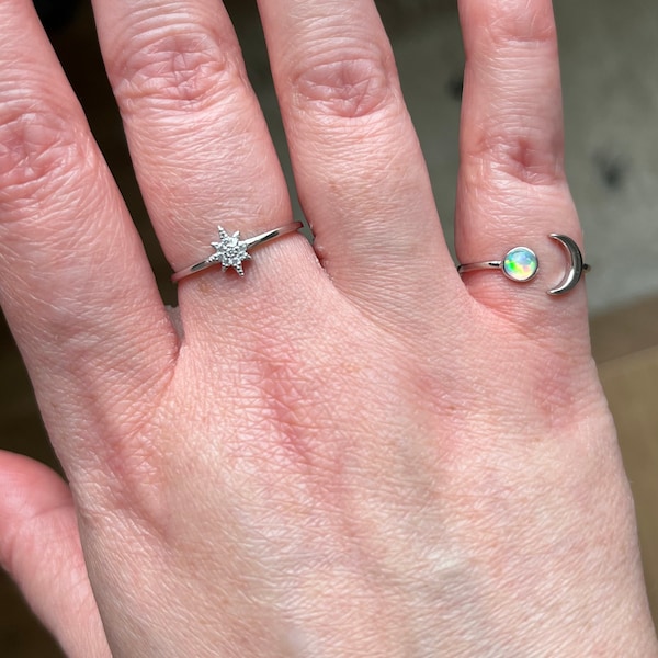 Sterling Silver Opal Moon Ring, Full Moon and Cresent Moon, Adjustable Sized Ring, Open Ring ...