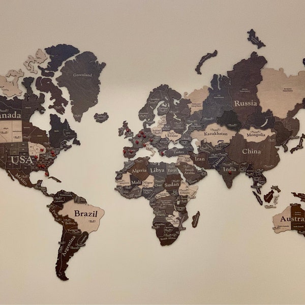 Large 3D Wooden Map of the World, 3D World Map to Mark Travels, Extra ...