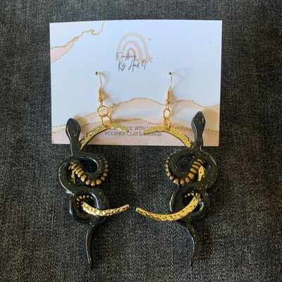 Black Clay Snakes / Black and Gold Snake Earrings / Gold Moon Charm ...