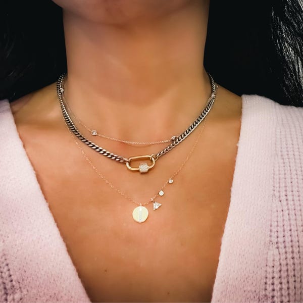 Silver Curb Chain Carabiner Necklace, Mixed Metal Necklace, Curb Chain ...