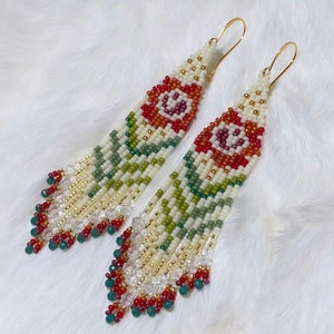 Peri-blue Little Garden Brick Stitch Beaded Fringe Earring (DIY Seed ...