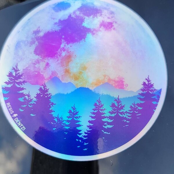 Full Moon Mountain Treeline Sticker, Cool Holographic Moon Sticker ...