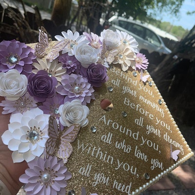 Purple/gold Graduation Cap Topper Paper Flowers Paper Butterflies ...