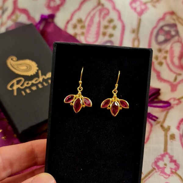 Blue Sapphire Cabuchon 3 Stone Drop Gold Earrings, September Birthstone ...