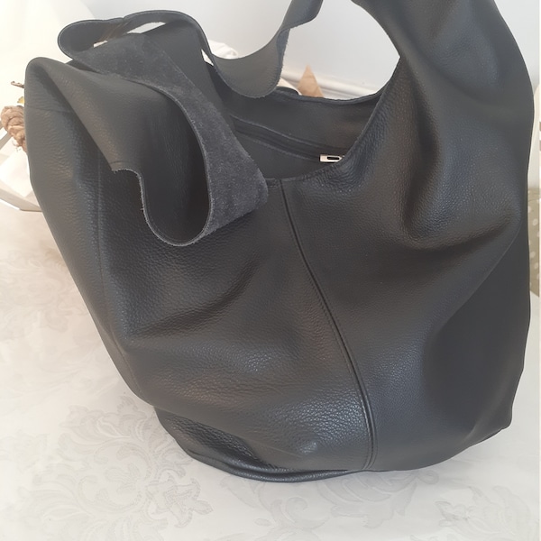 BLACK OVERSIZE SHOPPER Bag, Black Leather Shopper, Large Tote Bag ...