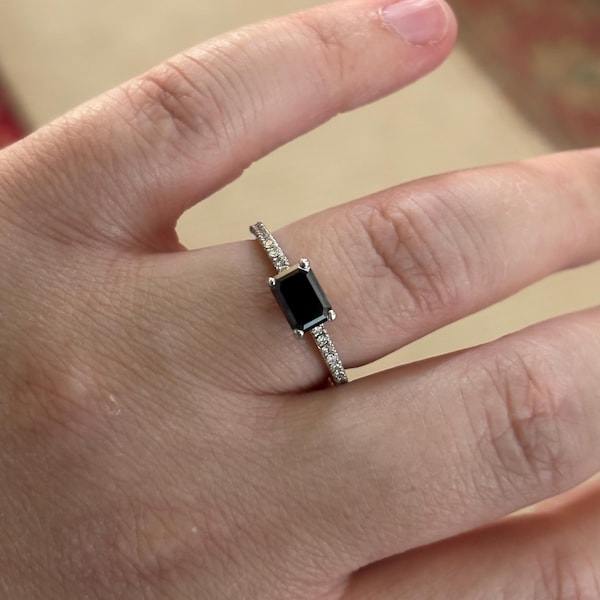 Black Engagement Ring, Square Black Natural Diamond, Three Sided Band ...