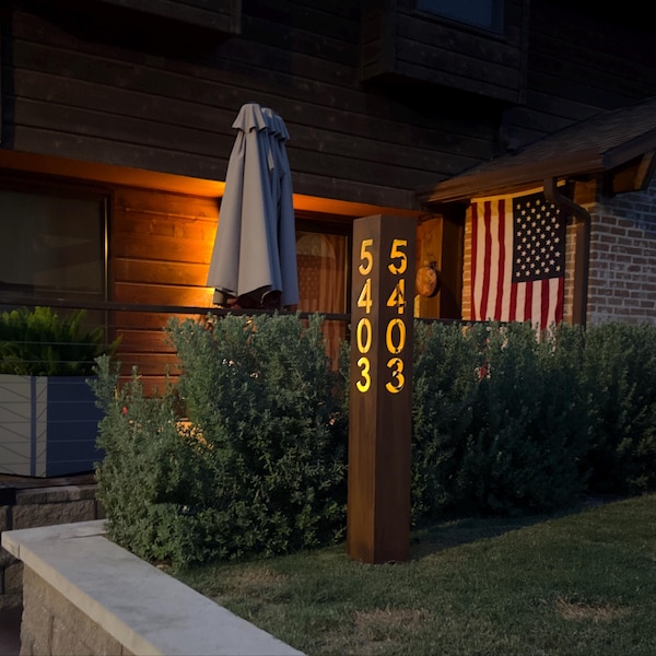 Rusted Metal House Number Column: Modern Address Sign With Solar Light ...