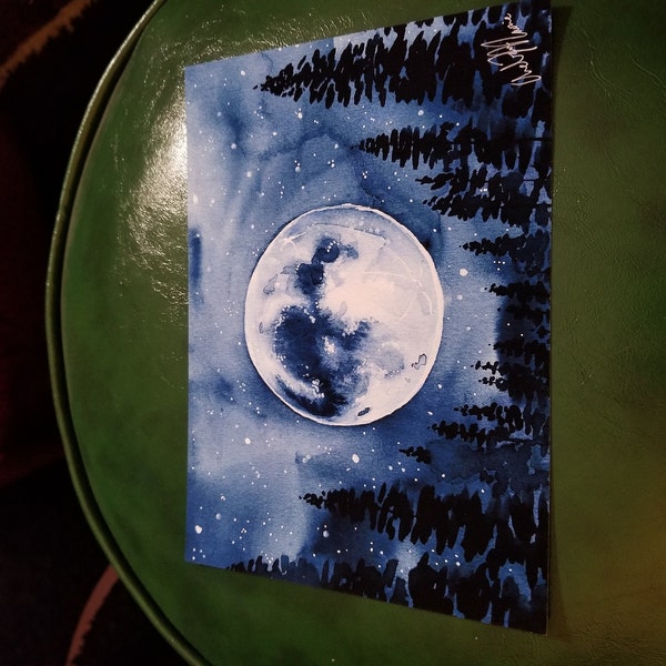 Small Blue Watercolor Moon Art Print - Etsy