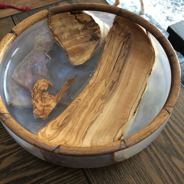 Elegant Blue and Brown Epoxy Glass Vase With Olive Wood, Pewter, and ...