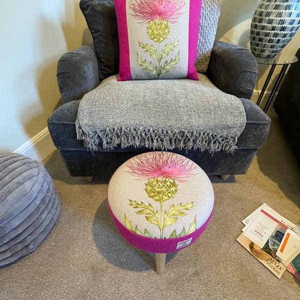 Burnt Orange Embroidered Thistle and Harris Tweed Footstool With ...