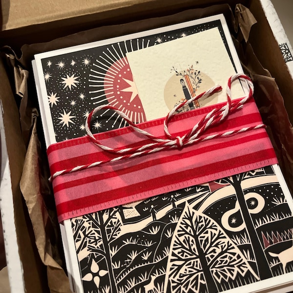 8 Assorted Block Print Style Christmas Cards Set | Winter Village ...