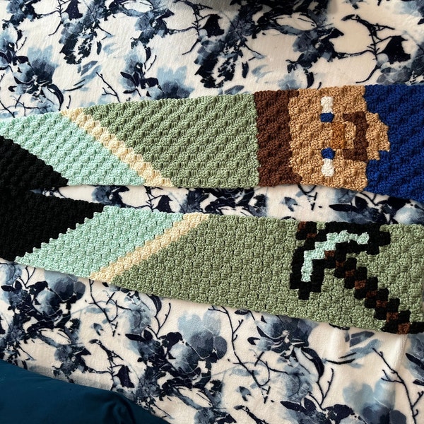 Crochet Pattern Minecraft Scarf, C2C Pattern Steve & Diamond Pickaxe ...