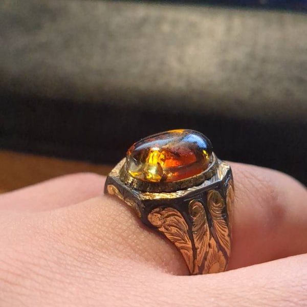 Amber Ring for Men, Sterling Silver Husband Gift Amber Ring, Mens ...