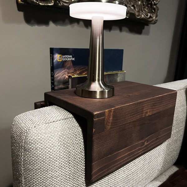 Couch Arm Rest Table With Magazine Stand, Modern Wood Armrest Table ...