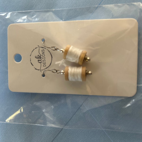Handmade Tiny Spool of Thread, Sewing Theme Wood Dangle Earrings ...