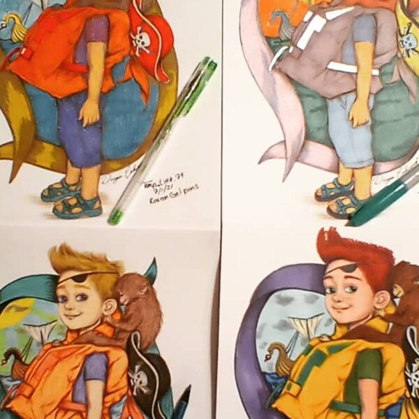 Little Captain Premium Coloring Page. Grayscale Cute Little Boy Pirate ...