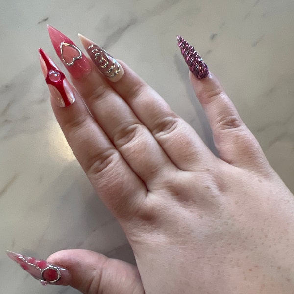 Freestyle 3D Pink & Purple Chrome Long Almond Press on Nails, Cute ...