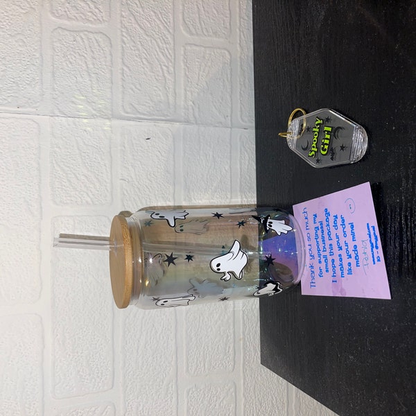 Ghost Can Glass With Bamboo Lid and Straws Halloween Can Glass 16oz Can ...