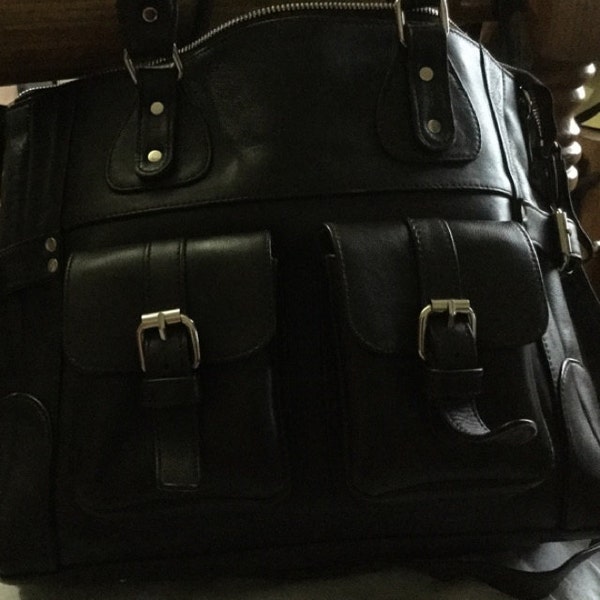 DIANA - Leather Tote Bag With Pockets, BLACK Leather Diaper Bag ...