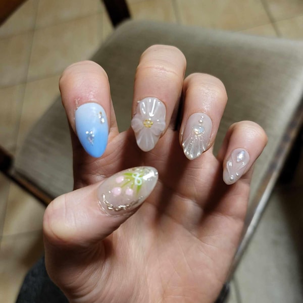 Fairy Blue Purple Double Cat Eye French Style Nails Reusable Press on ...
