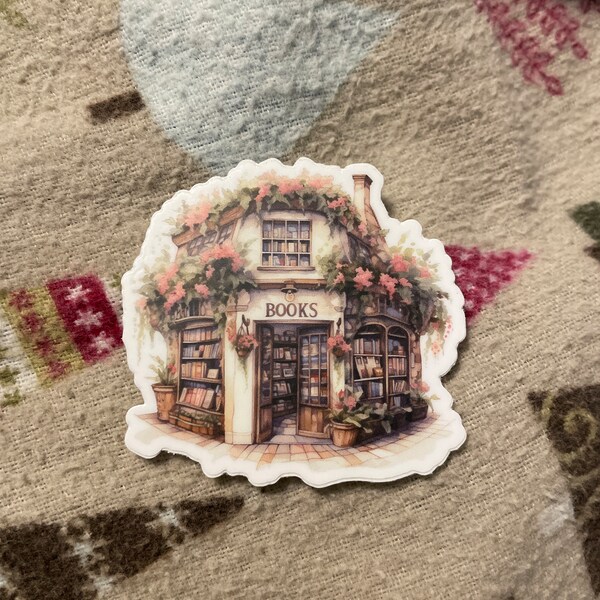 Cottage Bookstore With Blooming Flowers Sticker | Bookstore Sticker ...